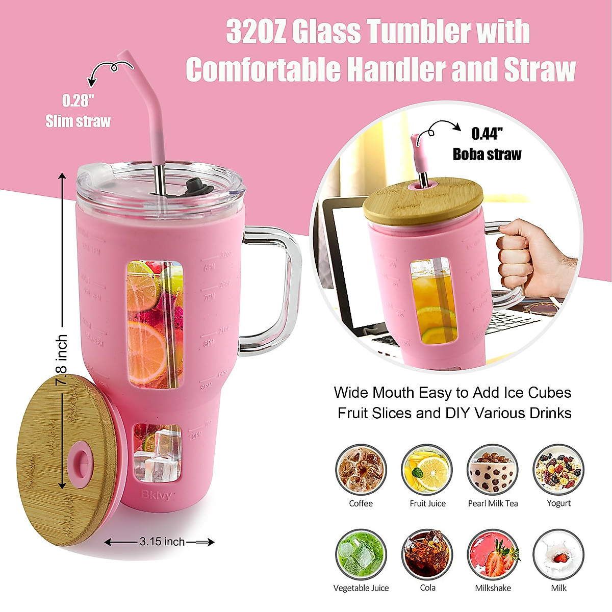 32 oz Glass Tumbler with Bamboo Mug 2 Straws & 2 Lids, Reusable Glass Water Bottles with Handle, Iced Coffee Cup with Silicone Sleeve, Boba and Drinking Straw Fits in Car Cup Holder BPA Free,Pink