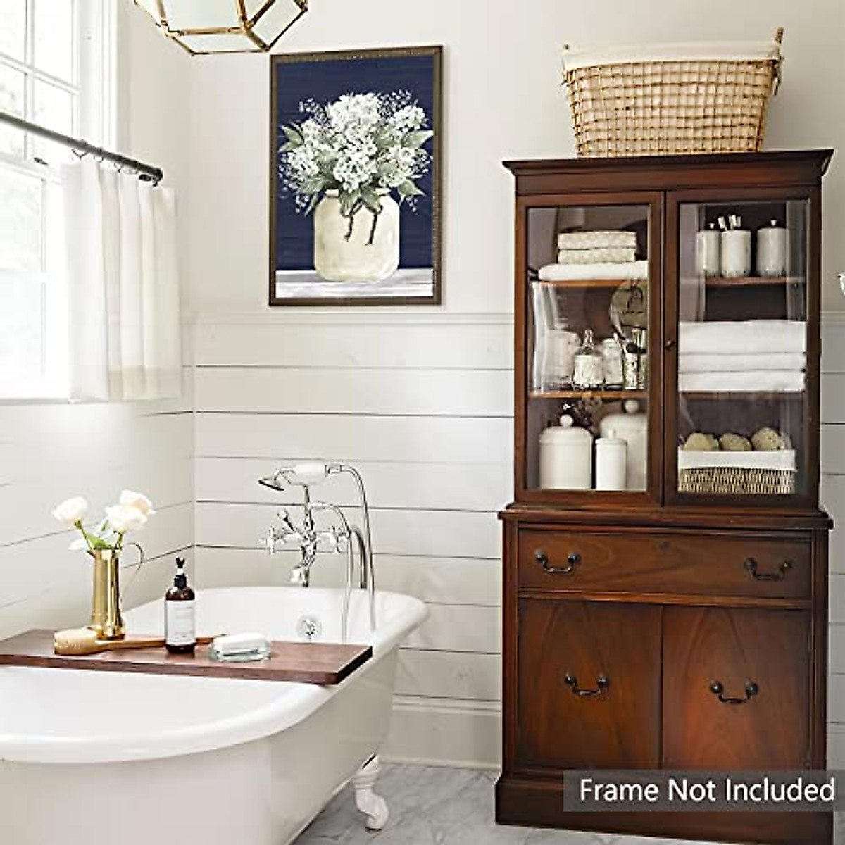 Selitiyer Rustic Bathroom Wall Art Farmhouse Flower Wall Decor Blue White Canvas Prints Mason Jar Floral Poster Country Painting Picture for Kitchen Living Dining Room Home Decor 16x24 Inch No Frame