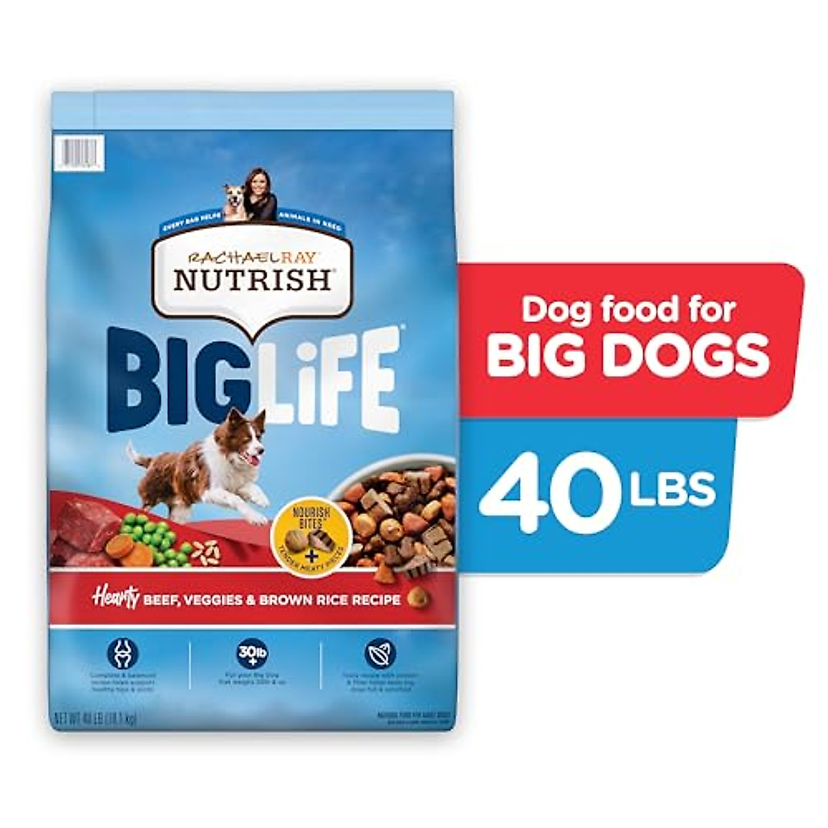 Rachael Ray Nutrish Big Life Dry Dog Food, Medium & Large Breed, Hearty Beef, Brown Rice, & Veggies, 40 Pounds