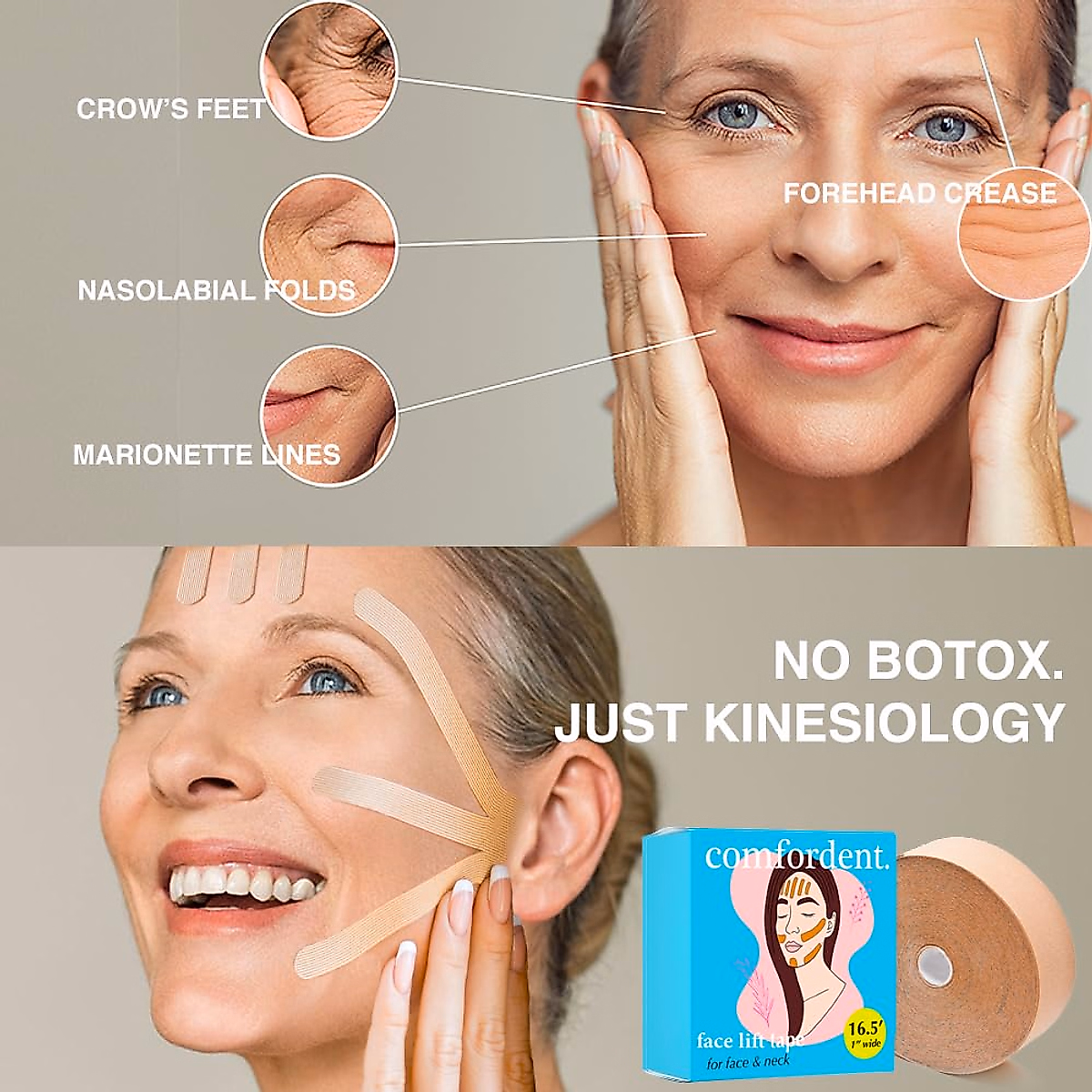 Comfordent Kinesiology Tape for Face & Neck Lift - Non-Invasive Wrinkle Remover - Anti-Wrinkle Myofascial Release - V-line Chin Skin Lifting Sticker Sleep Strip Patch Roll (Beige)