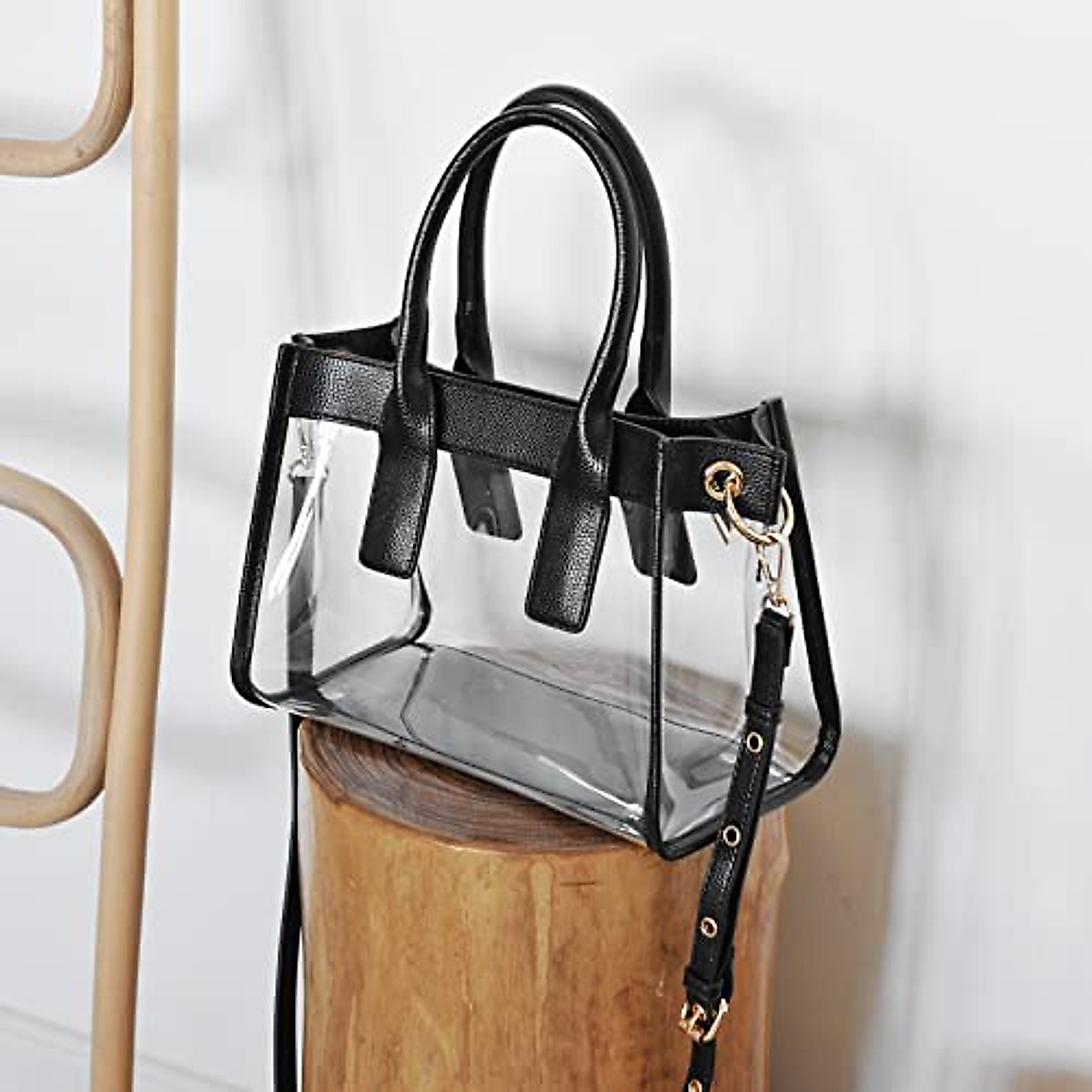 HOXIS Clear PVC Women Satchel Transparent Shoulder Handbag with Vegan Leather Trim Stadiums Approved Purse (Black)