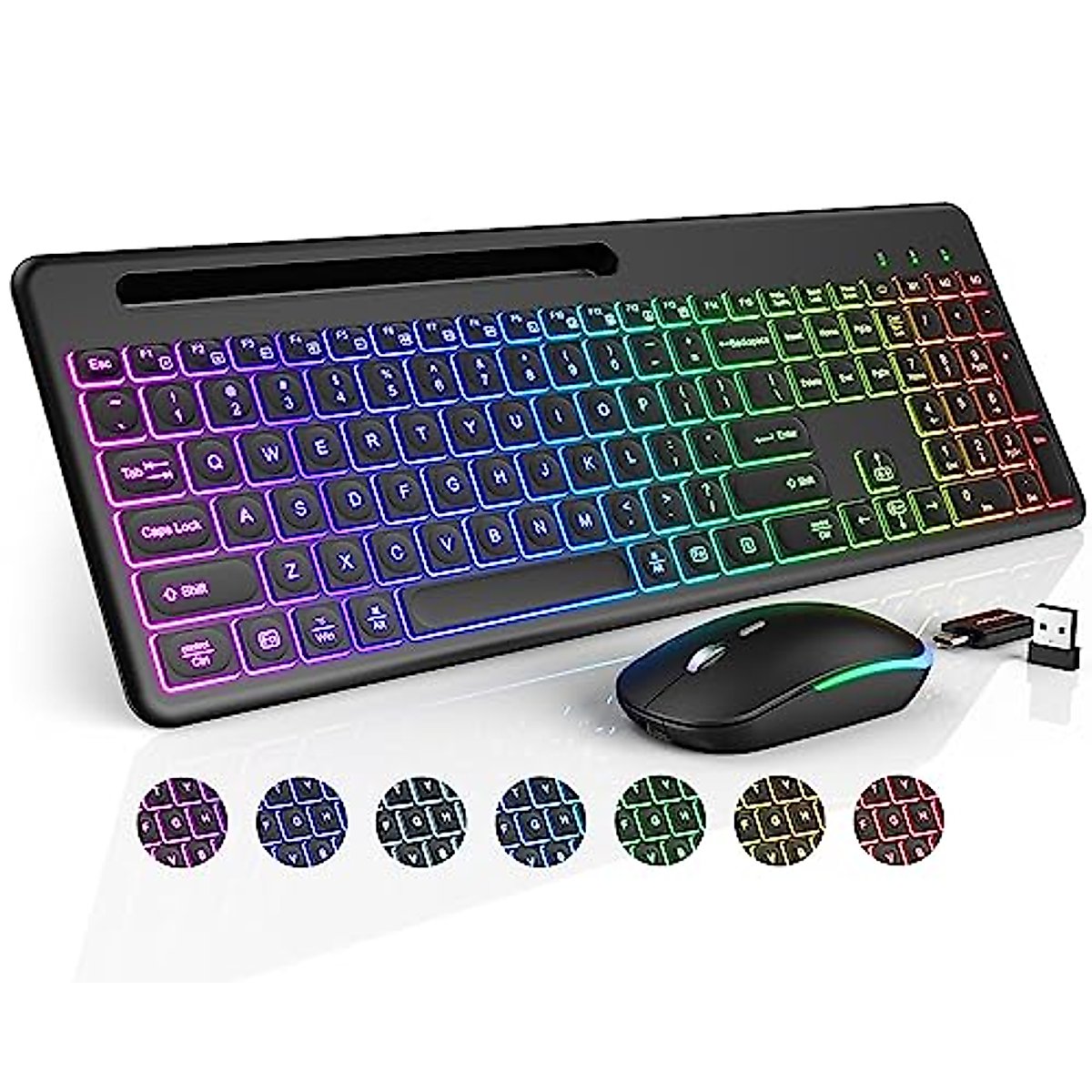 Wireless Keyboard and Mouse with 15 Backlit Effects, Rechargeable Keyboard Mouse Combo with Phone Holder, 2.4G Lag-Free, Silent Light Up Keyboard & Mouse Set for Windows, Mac, PC, Laptop -by SABLUTE