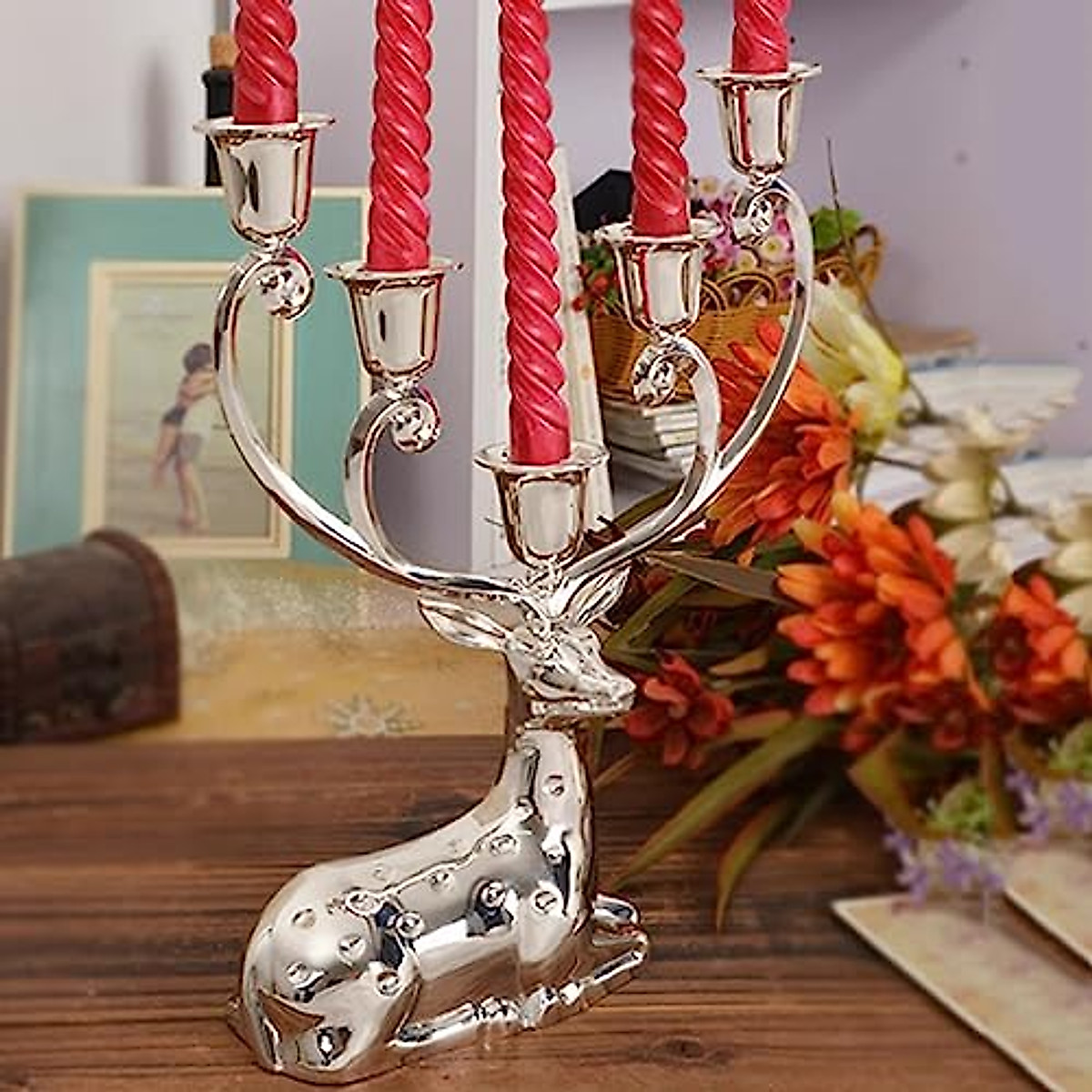Candelabra Metal Candle Stand Deer Sculpture Candle Holders 5 Arms Candelabra Decorative Candlestick Holder