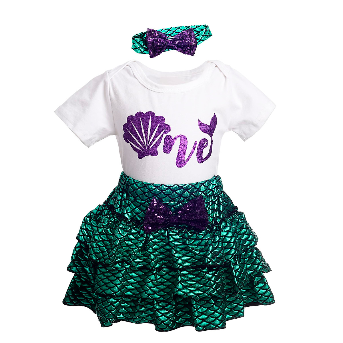 Dressy Daisy 1st First Birthday Mermaid Romper Bodysuit Onesie Outfits for Infant Baby Girls Fancy Party Dress Up Skirt Set with Bowknot Headband Size 12-18 Months 322