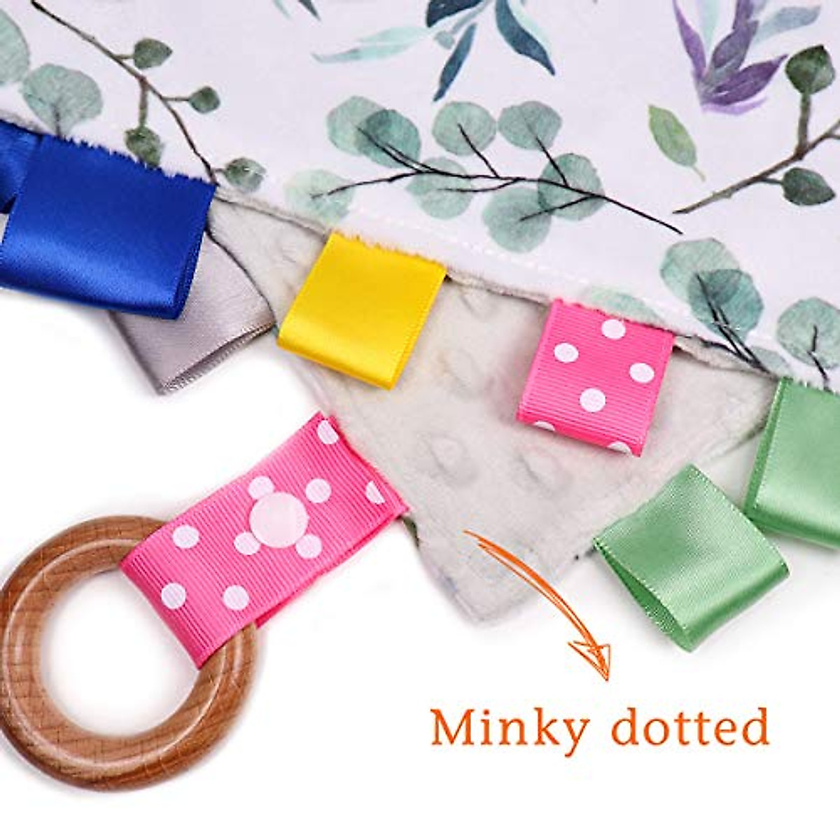 Baby Security Blanket with Tags Soft Ribbon Tag Blanket Comfort Lovey Taggy Blanket Cute Newborn Appease Towel with Bunny Ear Ring