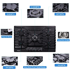 Anlyter 30 Inch Gas Cooktop, 5 Burners Built-in Stove Top Stainless Steel (Thermocouple Protection), LPG/NG Convertible Stove Dual Fuel Sealed Gas Hob - Black