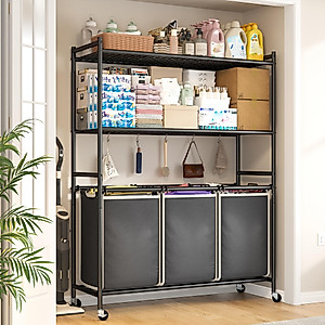 Raybee Laundry Sorter 3 Section Rolling Laundry Hamper Cart with Shelf 145L Large Laundry Basket Organizer 3 Compartment Hampers for Laundry Room Organization Laundry Station with Lockable Wheel,Black