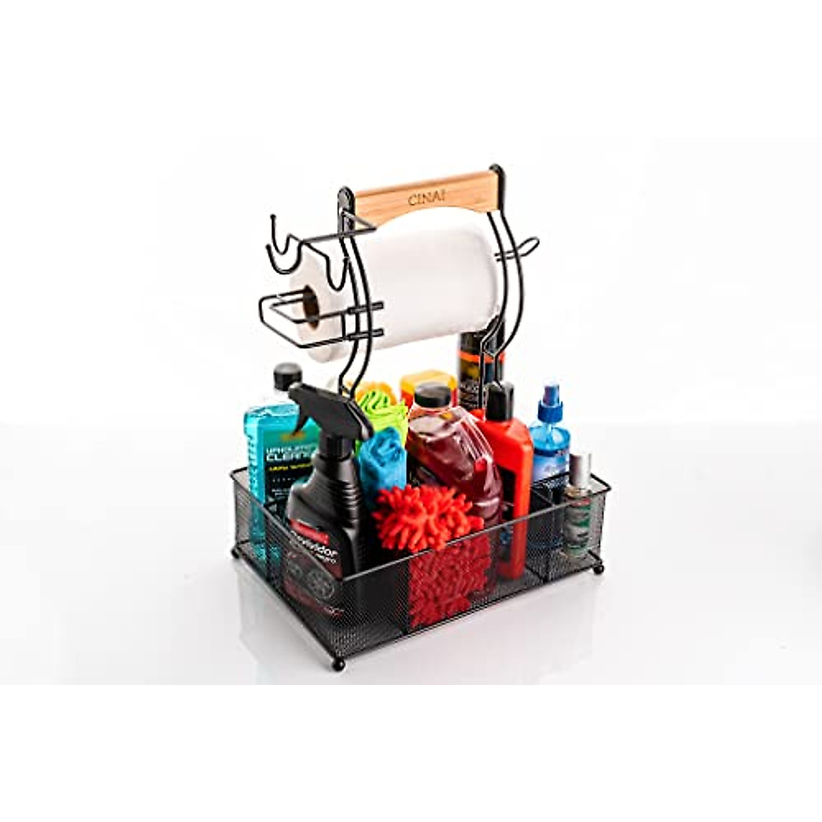 CINAI Grill Caddy, Paper Towel Holder, BBQ & Picnic Caddy, Grill Utensil Organizer, Condiment Bottles Organizer for BBQ, Cleaning Caddy, 3 Hanging Hooks, Bamboo Handle, Large, Black