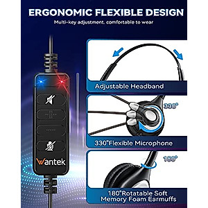 Wantek Corded USB Headsets Mono with Noise Cancelling Mic and in-line Controls, UC Business Headset for Skype, SoftPhone, Call Center, Crystal Clear Chat, Super Lightweight, Ultra Comfort (UC600)