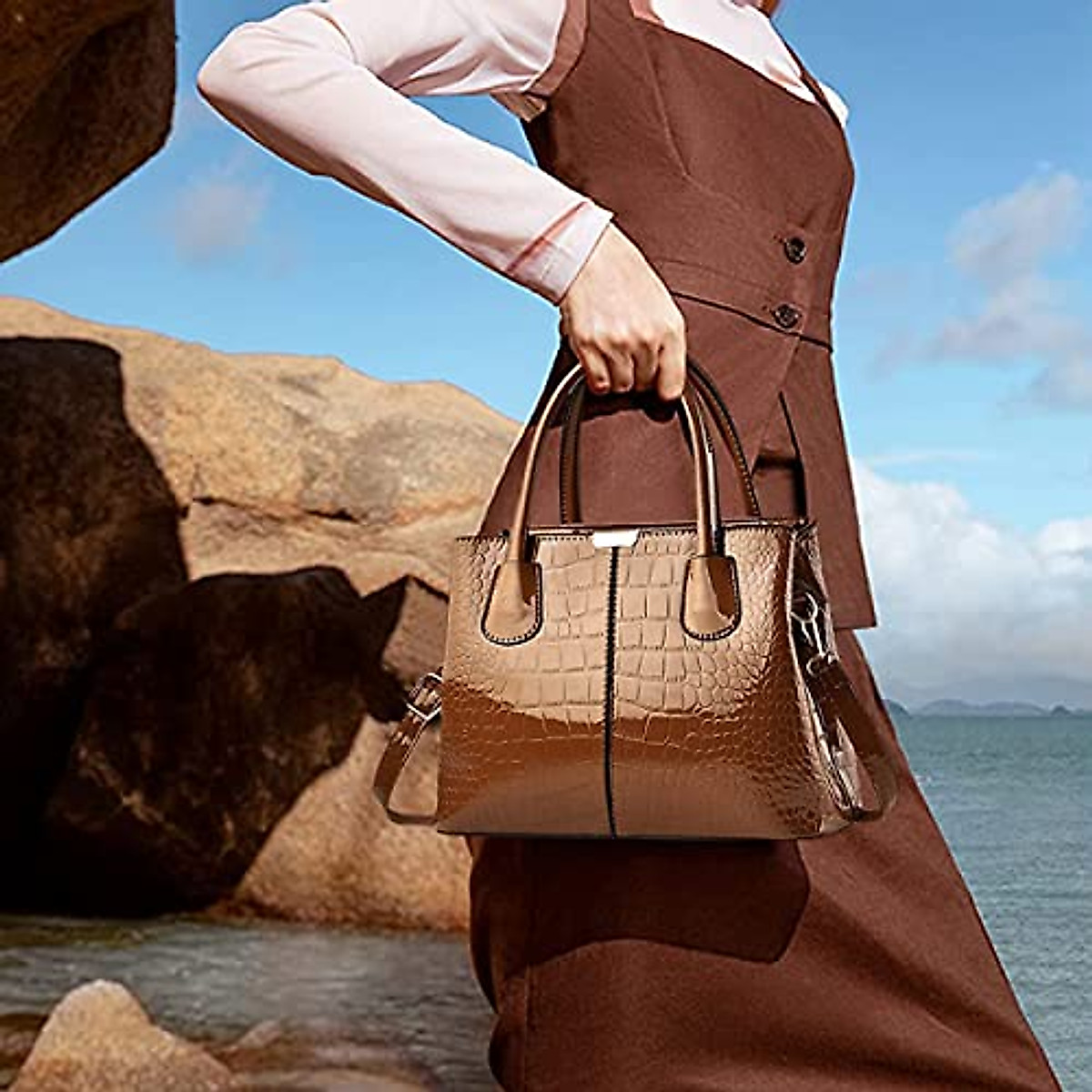 XingChen Handbag and Purse for Women Patent Leather Shoulder Bag Crocodile Pattern Top-Handle Satchel Tote Wallet(Brown)