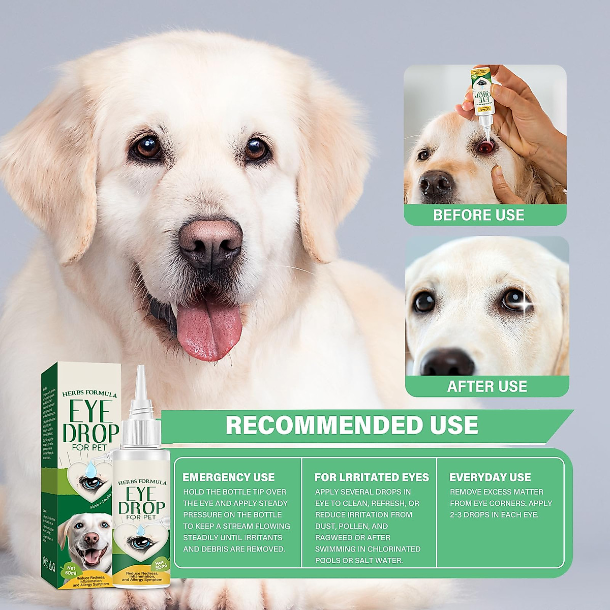 Dog Eye Drops, Eye Drops for Dogs, Relieves Eye Redness & Allergies, Removes Eye Stains & Tear Stains, Eye Infection Treatment for Dogs & Cats