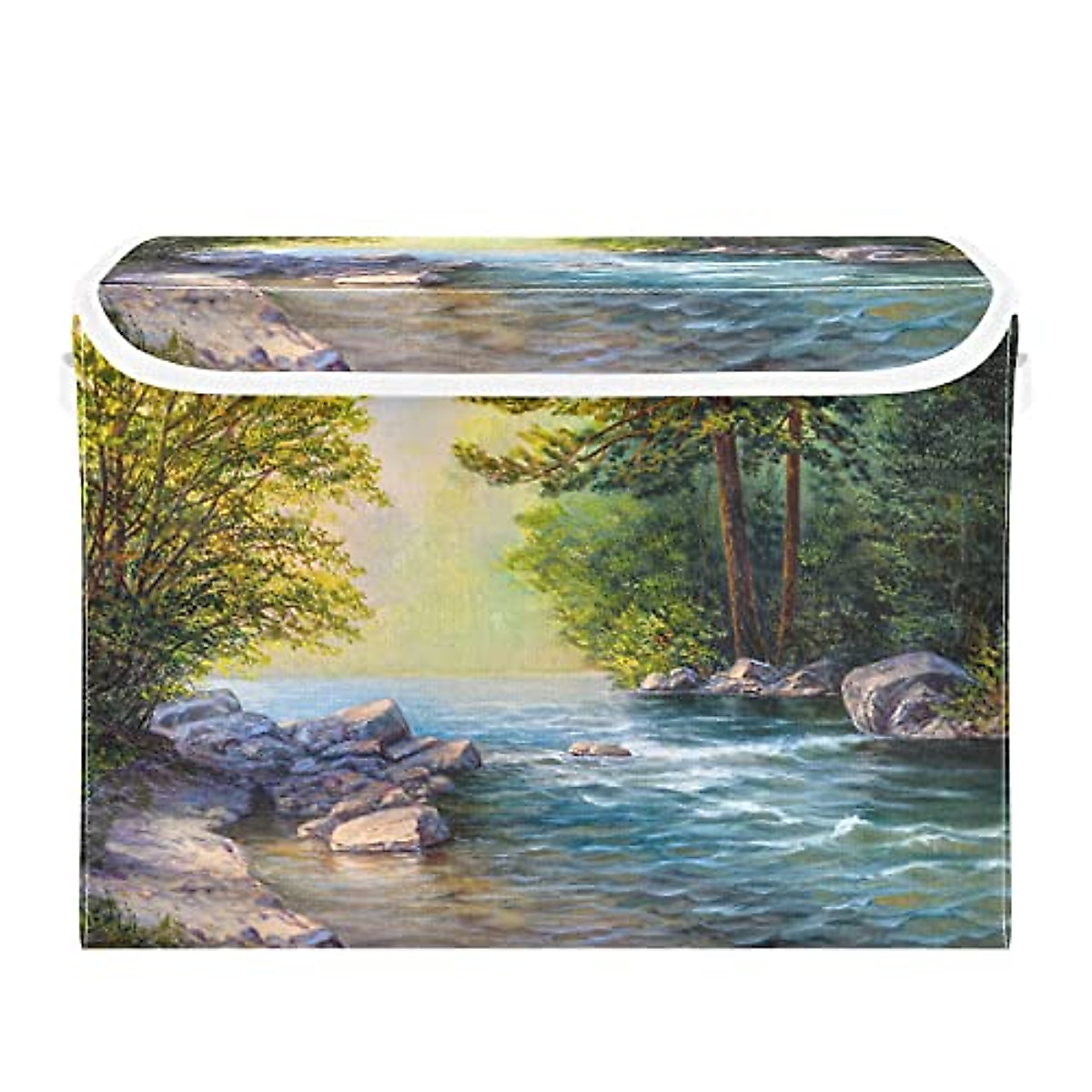 KEEPREAL Summer Forest Oil Painting Storage Basket Bin with lid, Large Cube Storage Box Collapsible Storage Organizer for Home Office Closet - 16.5 L x 12.6 W x 11.8 H