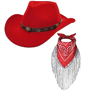 Cowboy Hat with Fringed Bandana Set for Women Wide Brim Western Cowgirl Hat Paisley Head Wrap Scarf (Red)