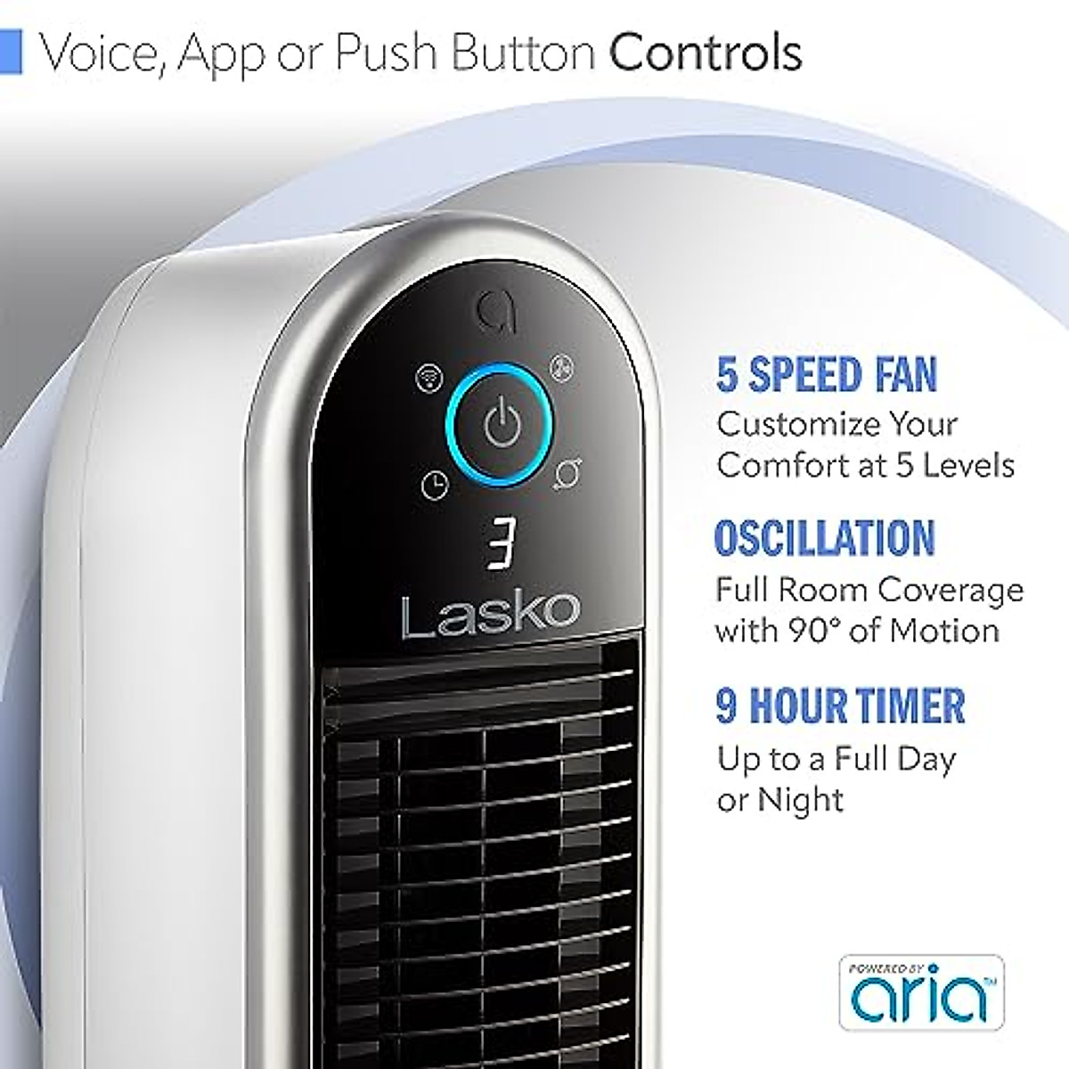 Lasko Smart Oscillating Tower Fan Powered by Aria, Wi-Fi Connected, Voice Controlled, Compatible with Alexa and Google Assistant, Timer, 5-Speeds, 40", White, T40735, Large