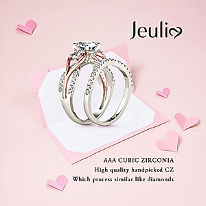 Jeulia Two Tone Rings for Women Rose Gold Three Stone Round Cut Engagement Rings Sterling Silver Halo Bridal Ring Set Anniversary Promise Wedding Ring with Jewelry Gift Box (7)
