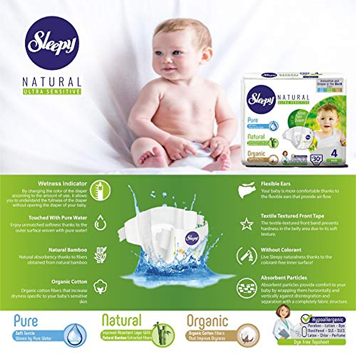 Sleepy Natural Diapers Size 6 - Organic Diapers Highly Absorbent and Hypoallergenic Bamboo Baby Diapers for Girls and Boys - Disposable Diapers 60 Count - Size 6 Diapers, Child Weight 33-55 lbs