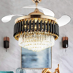 Fandian 42" Crystal Ceiling Fan with Light Remote Control Chandelier Retractable Fandelier, Luxury 3 Color Lighting for Dining Room, Living Room