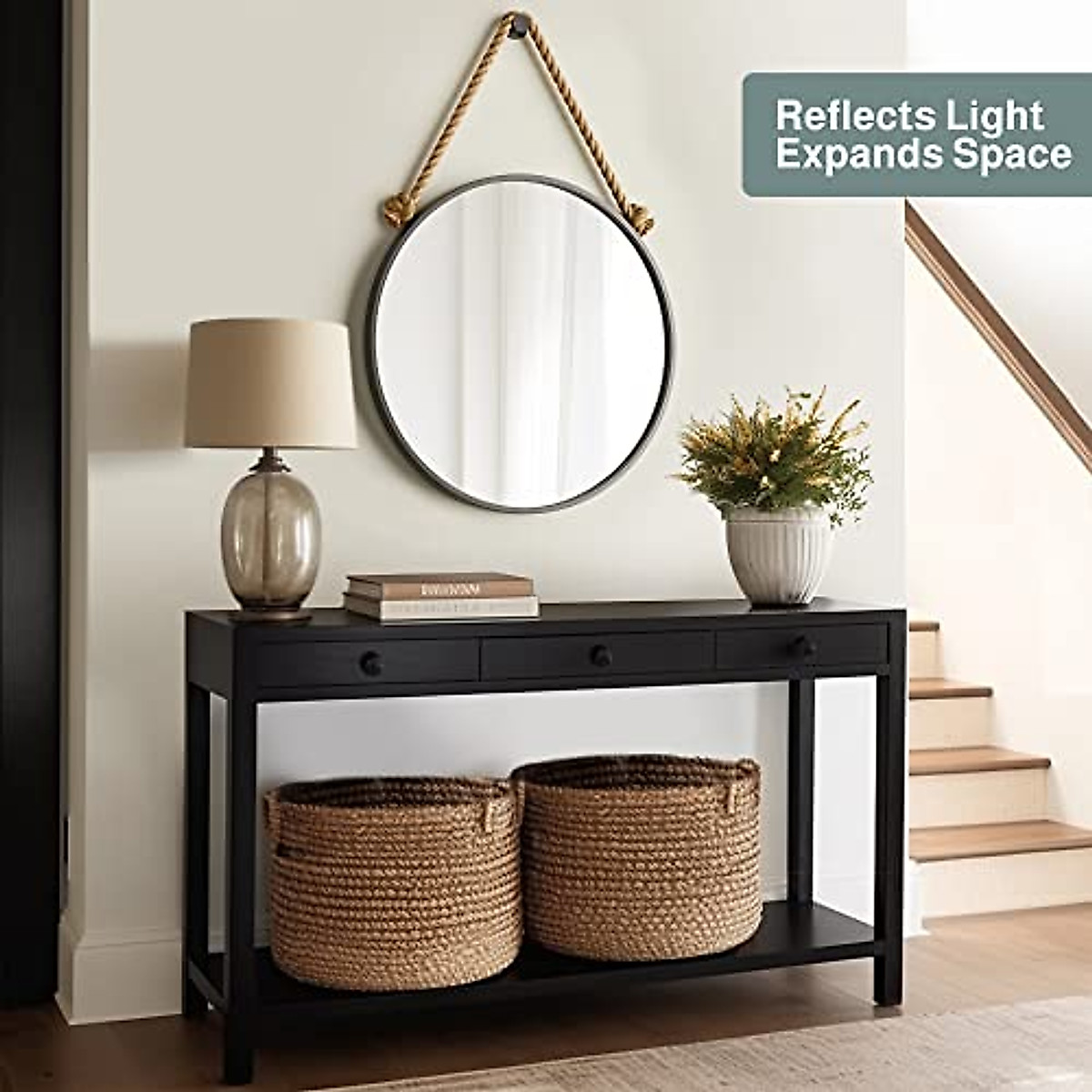 Barnyard Designs 26" Coastal Round Mirror with Hanging Rope - Mount Included - Nautical Rope Mirror for Bathroom Wall, Living Room or Entry Space - Coastal Home Decor, Beach House Wall Decor