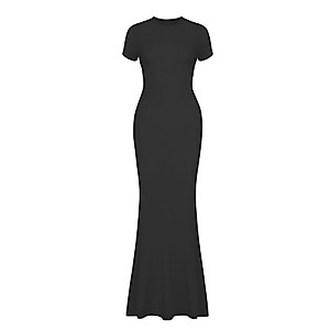 REORIA Women's Summer Sexy Casual Lounge Long Dress Elegant Wedding Guest Short Sleeve Crew Neck Bodycon Maxi Dresses Black X-Large