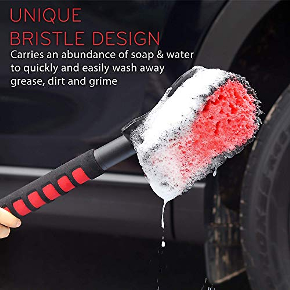 TAKAVU Long Handle Wheel Tire Body Brush, 17.5” Car Wash Brush for Easy Scrubbing, Durable Premium Soft Bristle, Cleans Dirty Tires & Releases Dirt and Road Grime