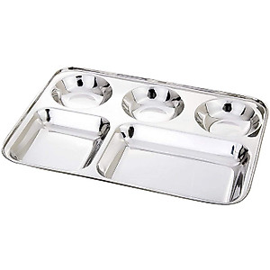 WhopperIndia Stainless Steel Five Compartment Round Plate, Thali, Mess Tray, Dinner Plate Set of 6 pcs- 13 inch, Silver