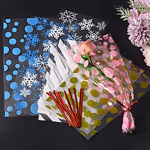 uxcell 300 Pcs Clear Cello Bags, Clear Flat Plastic Cello Treat Bags with Silver Twist Ties Gift Bags Cookie Bags for Christmas Snacks Candy Cookie Gifts