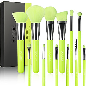 Docolor Makeup Brushes 10Pcs Makeup Brush Set Premium Synthetic Powder Kabuki Foundation Contour Blush Concealer Eye Shadow Blending Liner Make Up Brush Kit Neon Green