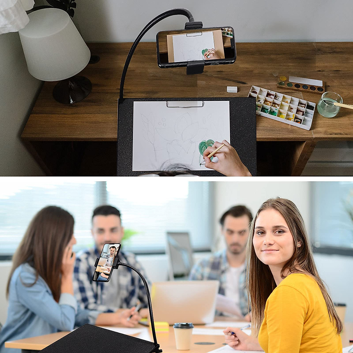 SanLead Projector Laptop Tripod Stand, Portable Tripod Shelf DJ Laptop Stand Height Adjustable Up to 54 Inches Projector Mount with Gooseneck Phone Holder, Detachable Universal Tripod Stand, Black