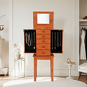 AVAWING Jewelry Cabinet Armoire with Top Flip Makeup Mirror, 5 Drawers&8 Necklace Hooks, Jewelry Storage Organizer with 2 Side Doors, Jewelry Armoire Box Chest with Top Organizer Compartment (Cherry)