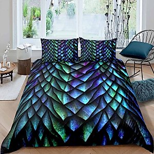 Feelyou Dragon Scales Duvet Cover for Kids Teens Reptile Skin 3D Bedding Set Animal Comforter Cover Ultra Soft Decor Bedspread Cover Blue and Green Queen Size with 2 Pillow Case