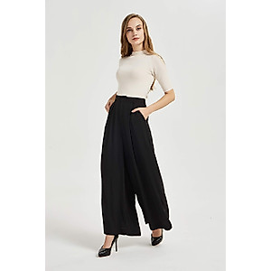 Tronjori Women High Waist Casual Wide Leg Long Palazzo Pants Trousers Regular Size(M, Black)