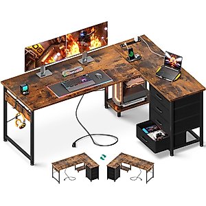 AODK L Shaped Desk with 4 Tier Drawers, 61" Reversible Gaming Desk with Power Outlets, L Shaped Computer Desk with USB Charging Port and Host Stand, Home Office Corner Desk, Easy to Assemble, Vintage