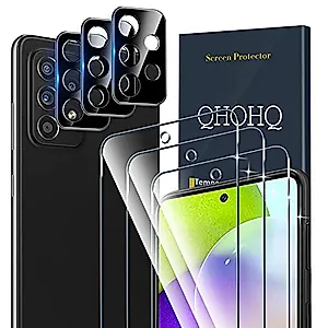 QHOHQ 3 Pack Screen Protector for Samsung Galaxy A52 4G/A52 5G/A52S 5G with 3 Pack Camera Lens Protector, Tempered Glass Film, 9H Hardness, HD, Anti-Scratch, 2.5D Edge, Anti-Fingerprint, Easy to install