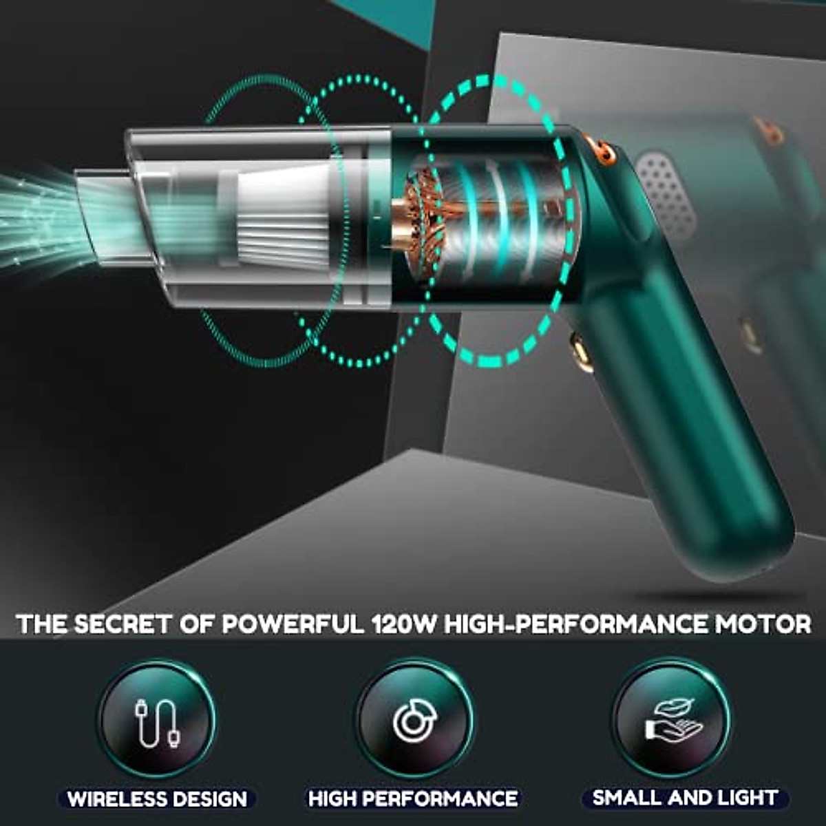 Crethinkaty Handheld Vacuum Cleaner 120W 10000PA High Power Cordless Rechargeable Vacuum Cleaner Wet and Dry Use for Home, Car, Office with Three Different Nozzles