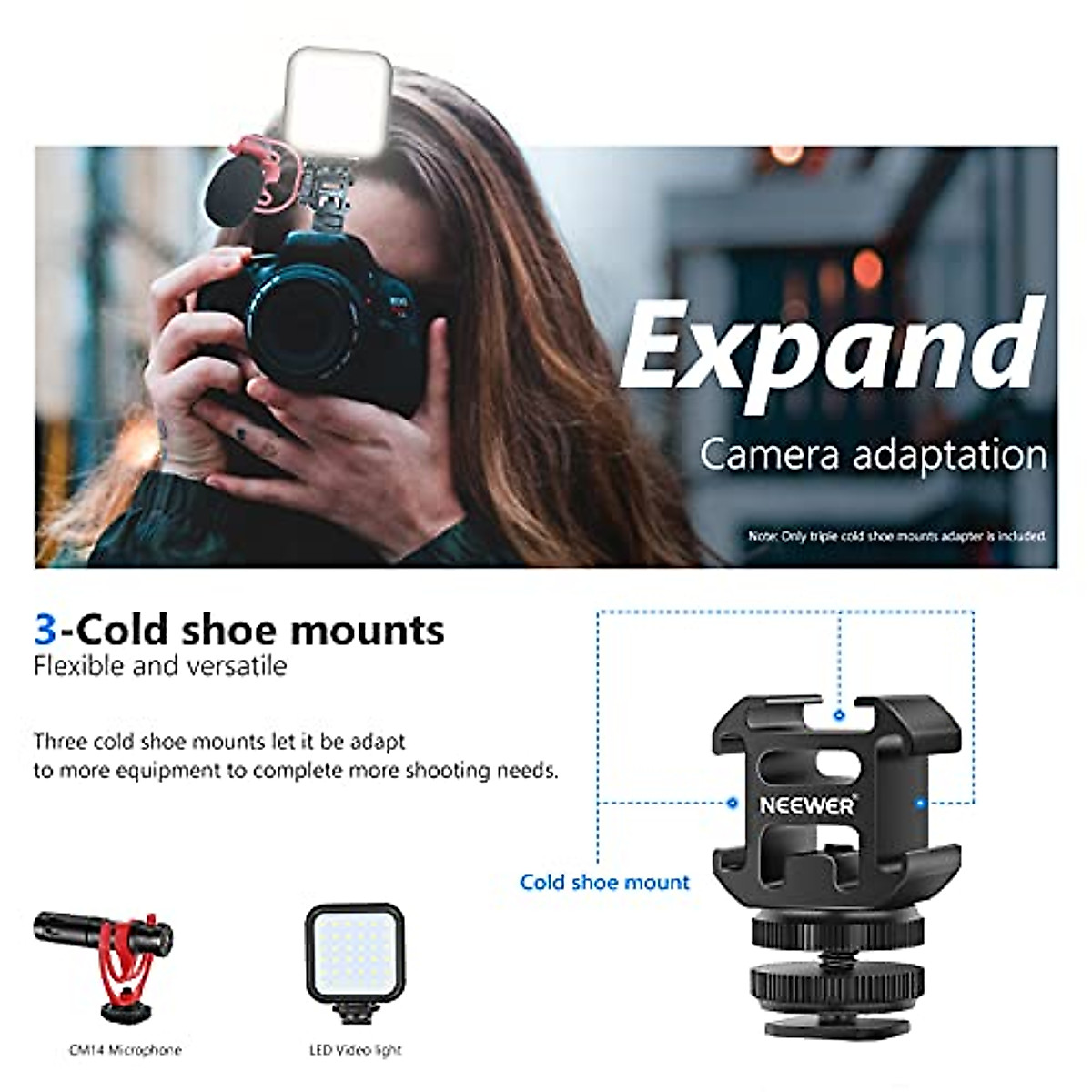 NEEWER Camera Hot Shoe Mount Adapter with Triple Cold Shoe Mounts for Mic LED Video Light Field Monitor, Aluminum Alloy Shoe Mount Compatible with Canon Nikon Sony DSLR Camera Camcorder