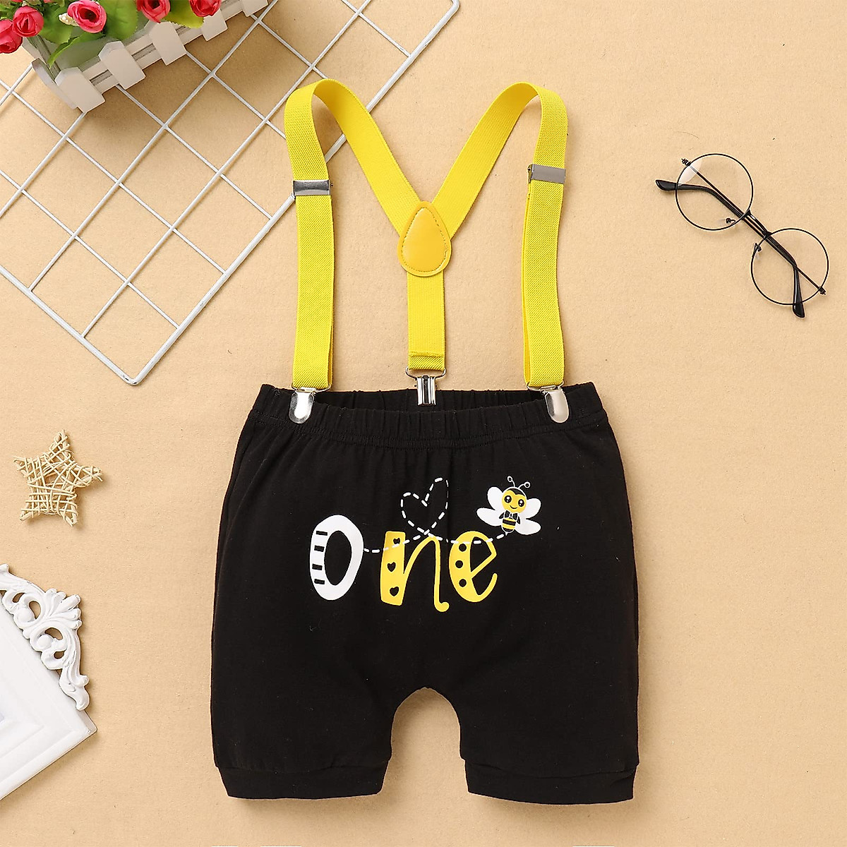 It's My 1st Bee Day Baby Boy First Birthday Clothes Infant Boy Bow Tie Romper Bodysuit Cake Smash Shorts Pants Y-Back Suspenders Photo Shoot Outfits Black-Bowtie It's my 1st bee day 12-18 Months