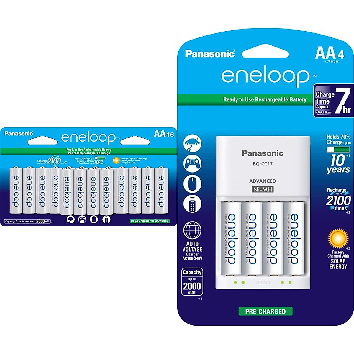 Eneloop Panasonic BK-3MCCA16FA AA 2100 Cycle Ni-MH Pre-Charged Rechargeable Batteries & K-KJ17MCA4BA Advanced Individual Cell Battery Charger Pack with 4 AA 2100 Cycle Rechargeable Batteries