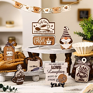 14 Pieces Coffee Tiered Tray Decor Set Coffee Theme Tiered Tray Decor Coffee Wood Signs Coffee Sign Rustic Trays Decor for Summer Home Kitchen Table Decor