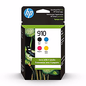 Original HP 910 Black, Cyan, Magenta, Yellow Ink Cartridges (4 Count -pack of 1) | Works with HP OfficeJet 8010, 8020 Series, HP OfficeJet Pro 8020, 8030 Series | Eligible for Instant Ink | 3YQ26AN