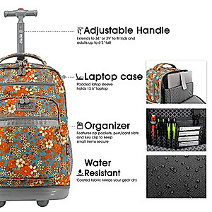 J World New York Sundance Rolling Backpack Girl Boy Roller Bookbag, Retro Bloom, 20 Inch