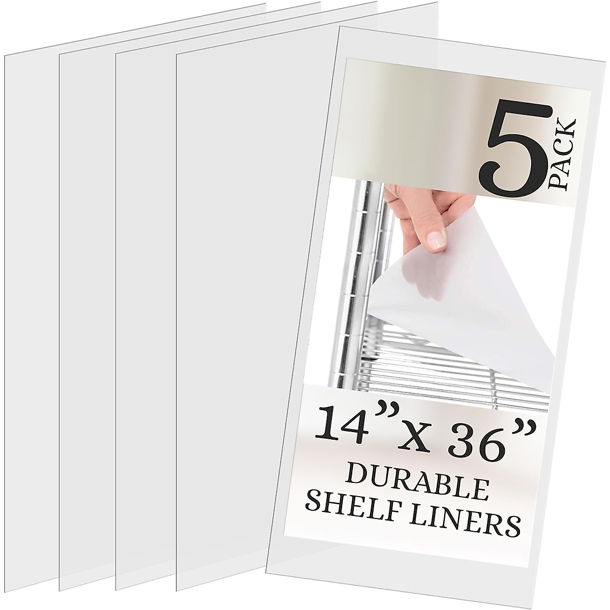 5 Pack of Wire Shelf Liners for Kitchen Closet Cabinet Shelves Fits 14" x 36", Transparent Clear Matte Finish Durable Waterproof Non-Adhesive and Unrolled Flat Shelf Liners
