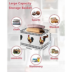 1 PC Large Storage Basket Bins Waterproof Fabric, Black Rooster Rectangular Storage Box for Shelf Closet Organizer Farm Buffalo Plaid White Check