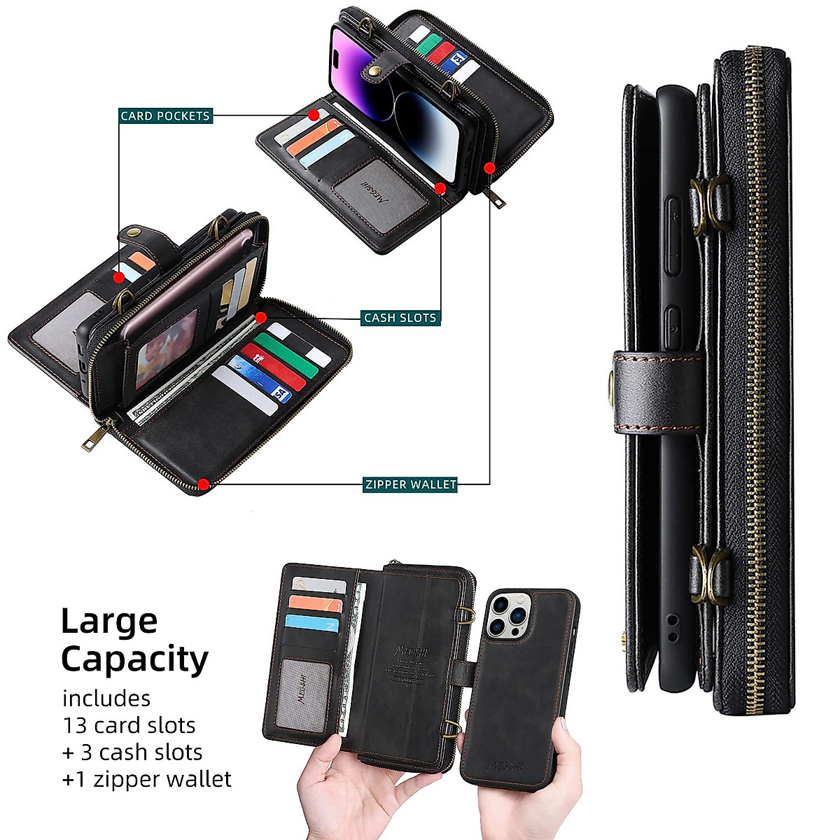 Compatible with iPhone 14 Pro 6.1 inch Wallet Case Crossbody Shoulder Strap Stand Card Holder Multi-Function 2in 1 Detachable Magnetic Phone Cover for iPhone14Pro 5G i i-Phone i14 iPhone14 14Pro Black