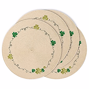 Feuille Round St Patricks Day Placemats Set of 4 PP Shamrock Placemats for Dining Table St Patrick Table Mats Green Embroidery Perfect for St Patricks Day Decorations