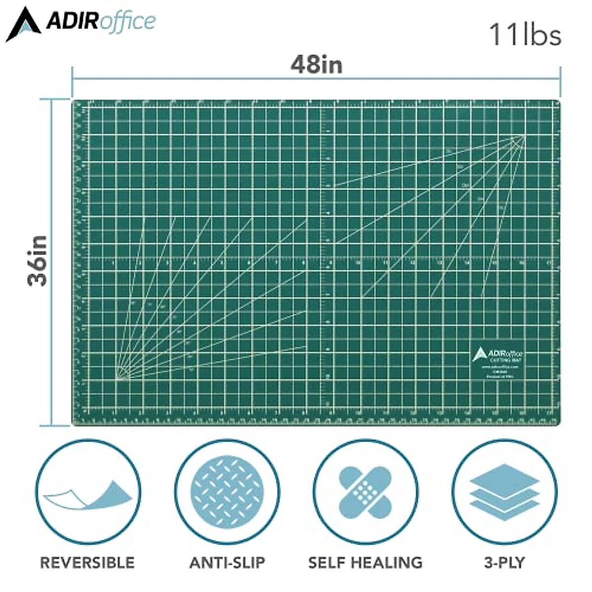 Adir Corp. 36x48 Inches Green/Black Professional Self Healing Cutting Mats - 3 Ply Double Sided Reversible Durable Non-Slip PVC Cutting Mats - Perfect for Crafts & Sewing