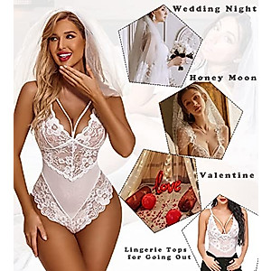 Avidlove Bridal Lingerie for Women Sexy Lingerie Floral Lace Teddy Strappy One Piece Snap Crotch Boudoir Lingerie(White,M)
