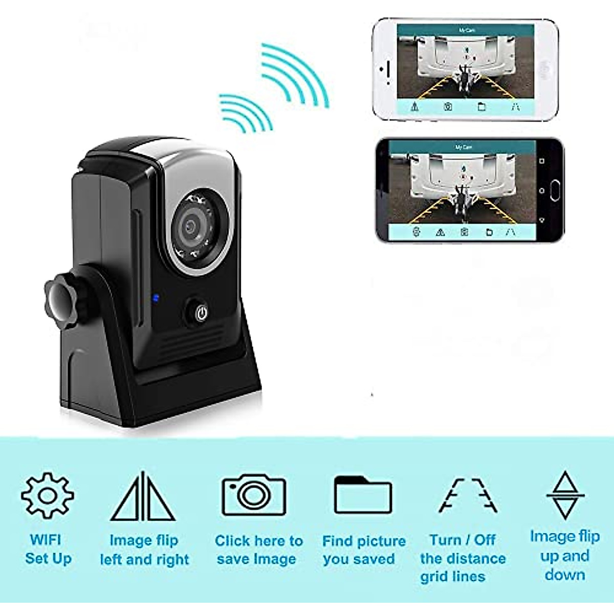 MHCABSR Wireless Backup Reversing Camera, WiFi Dash Camera Work with Phone IP68 Waterproof IR Night Vision Wide Angle Magnetic Rear View Parking Camera for Trailers Trucks RVs Camper Car