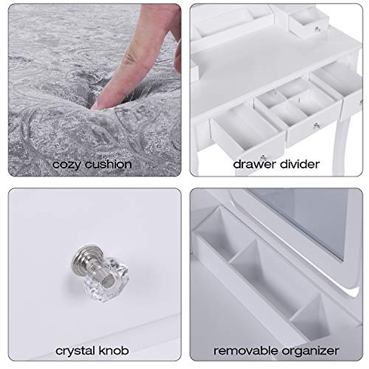 BEWISHOME Vanity Set with Mirror & Cushioned Stool Dressing Table Vanity Makeup Table 5 Drawers 2 Dividers Movable Organizers White FST01W