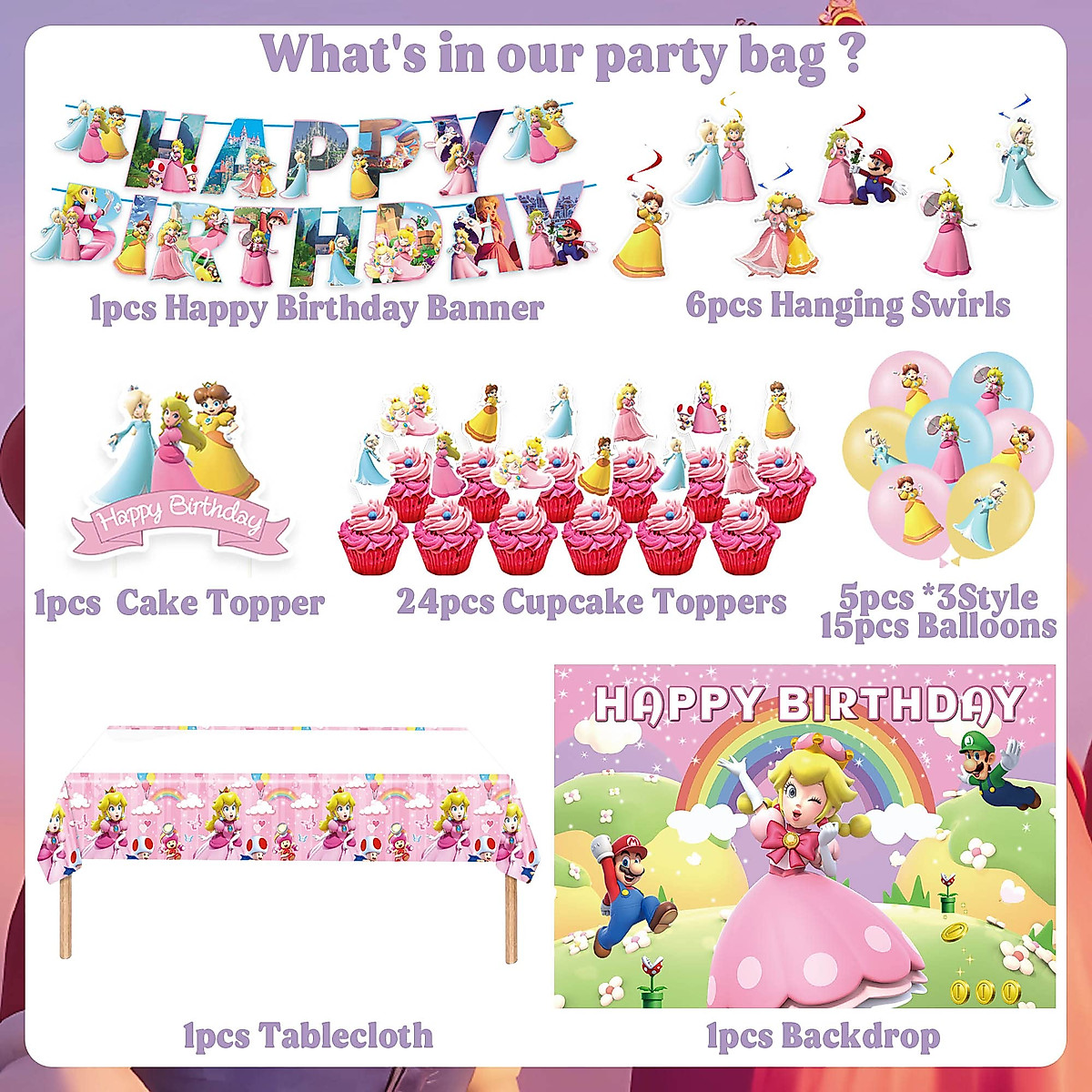 Mario Princess Peach Party Decorations, Mario Princess Peach Birthday Party Supplies Include Banner, Balloons, Hanging Swirls, Backdrops, Cake Toppers, Tablecloth, Mario Princess Peach Party Favors