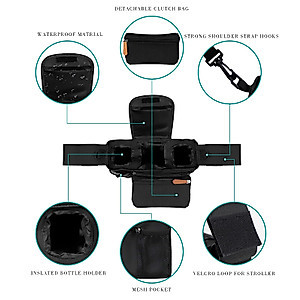 Universal Stroller Organizer with Insulated Cup Holders - Detachable Phone Bag & Adjustable Strap, Stroller Accessories for Carrying Diaper, iPhone, Toys & Snacks, Fits All Baby Stroller Models.